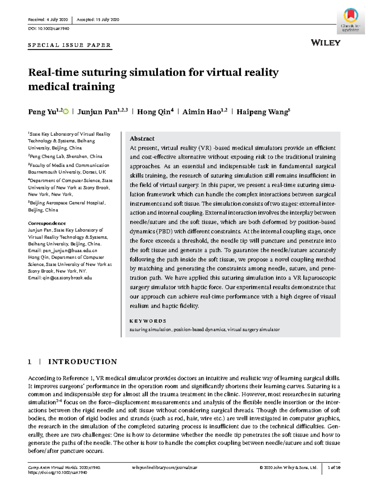 Suturing Simulation for VR Medical Training: A Novel Framework (2020 ...