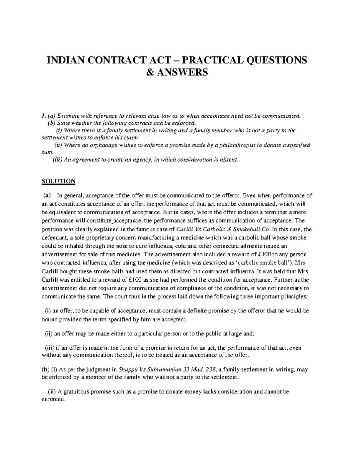 468475 39643 indian contract act practical questions answers - INDIAN ...