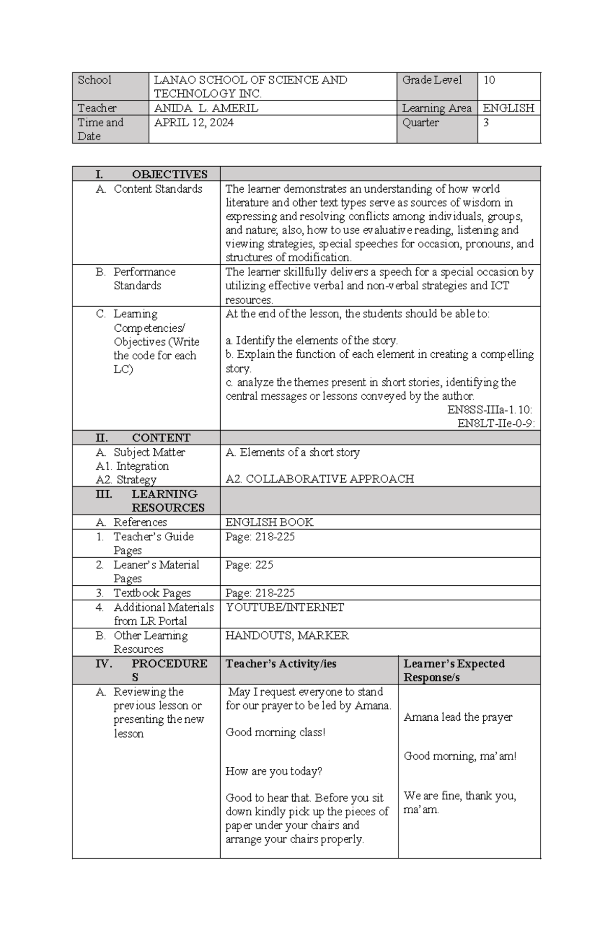 Grade 10 English Lesson Plan: Elements of a Short Story (Quarter 3 ...