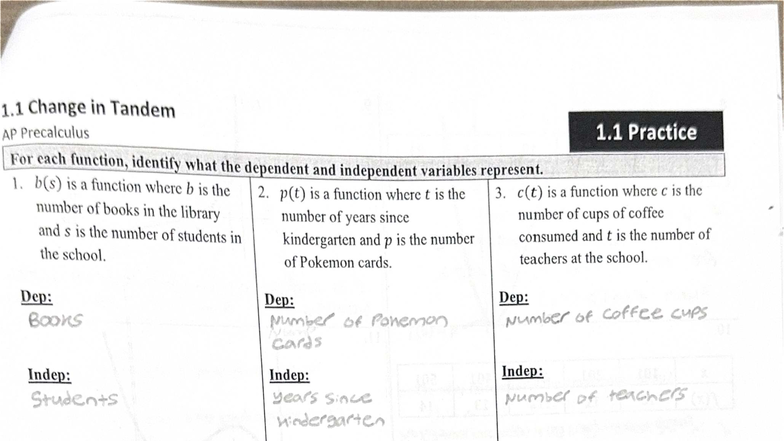 1.1 Change in Tandem AP Precalculus Practice: Functions & Variables ...