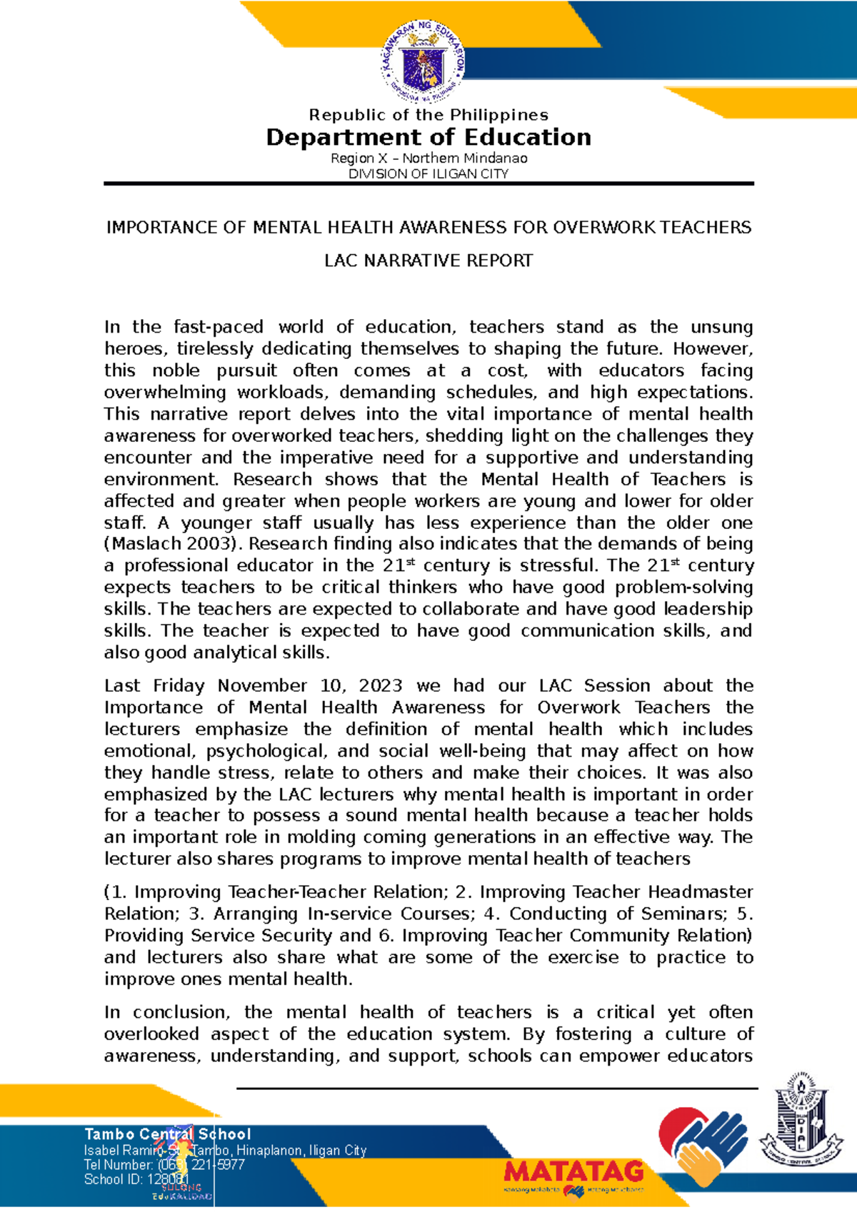 LAC Narrative Report on Mental Health Awareness for Teachers - Studocu