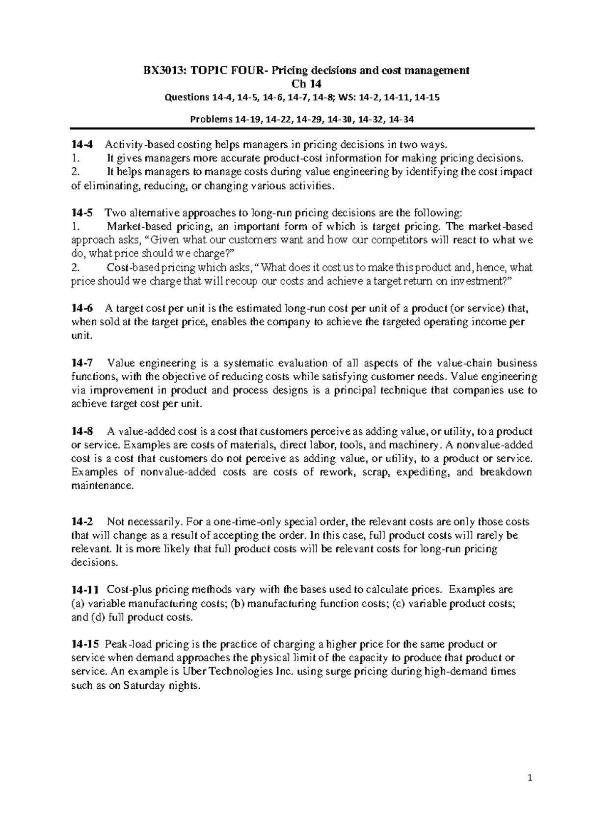 WK 4 - Questions & Solutions - BX3013: TOPIC FOUR- Pricing decisions ...