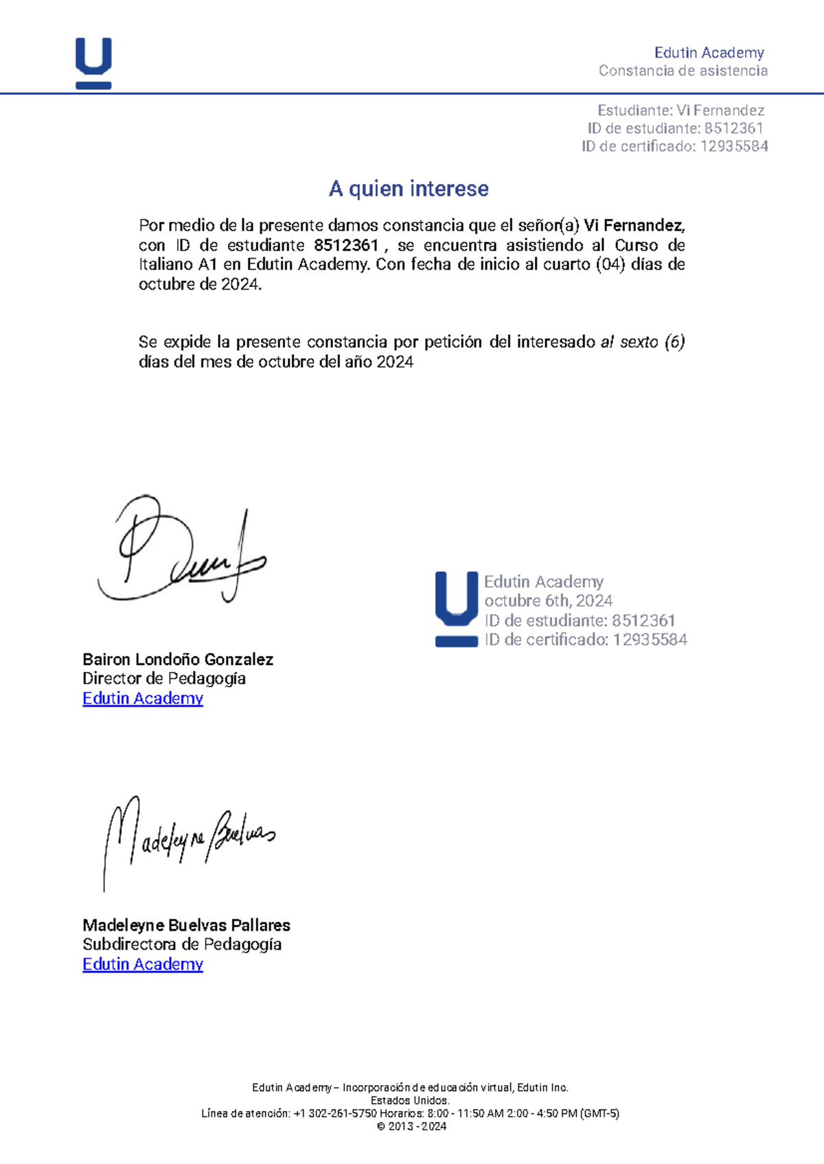 Constancia de Asistencia - Curso Italiano A1 - Edutin Academy - Studocu