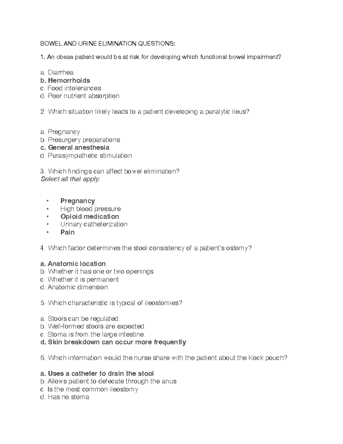Bowel Elimination Study Guide: Key Questions & Answers for S:E Class ...
