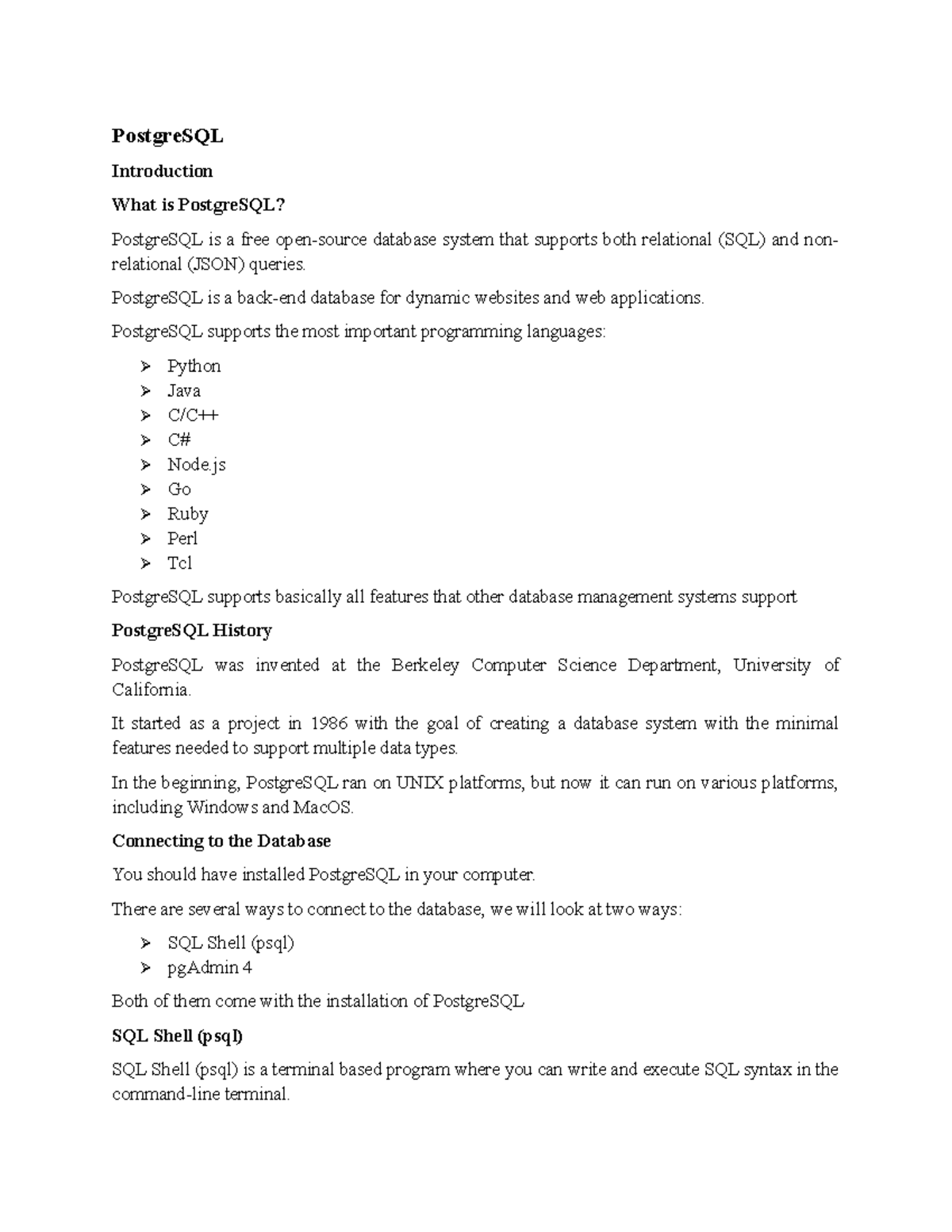 PostgreSQL (CS101) Lecture Notes: Introduction & SQL Basics - Studocu