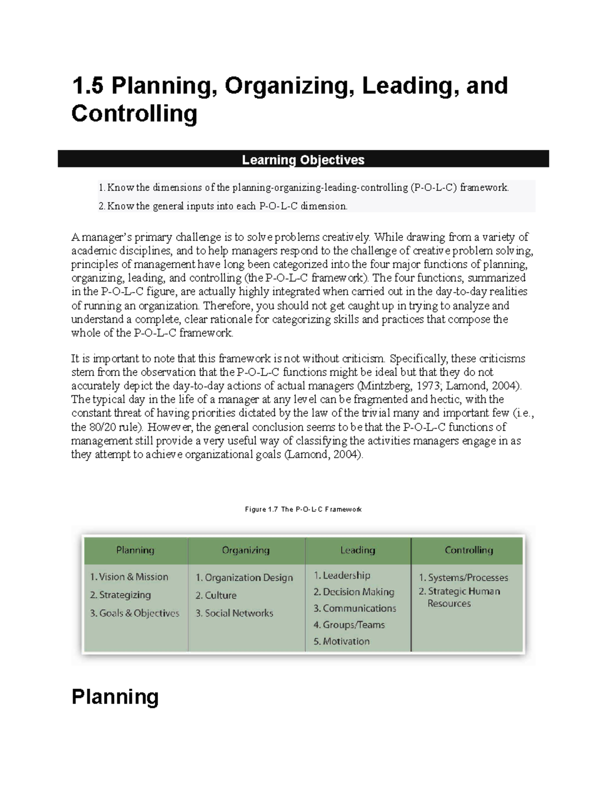 P-O-L-C Framework: Planning, Organizing, Leading, Controlling Overview ...