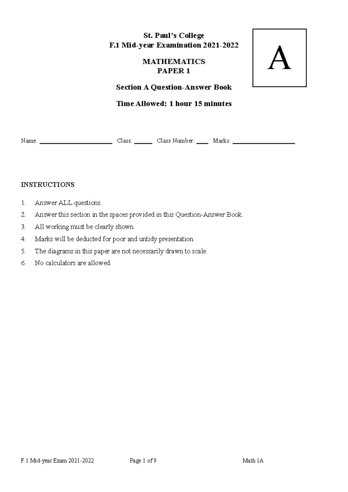 St. College F.1 T1 Mathematics Exam Paper 1 - Section A - Studocu