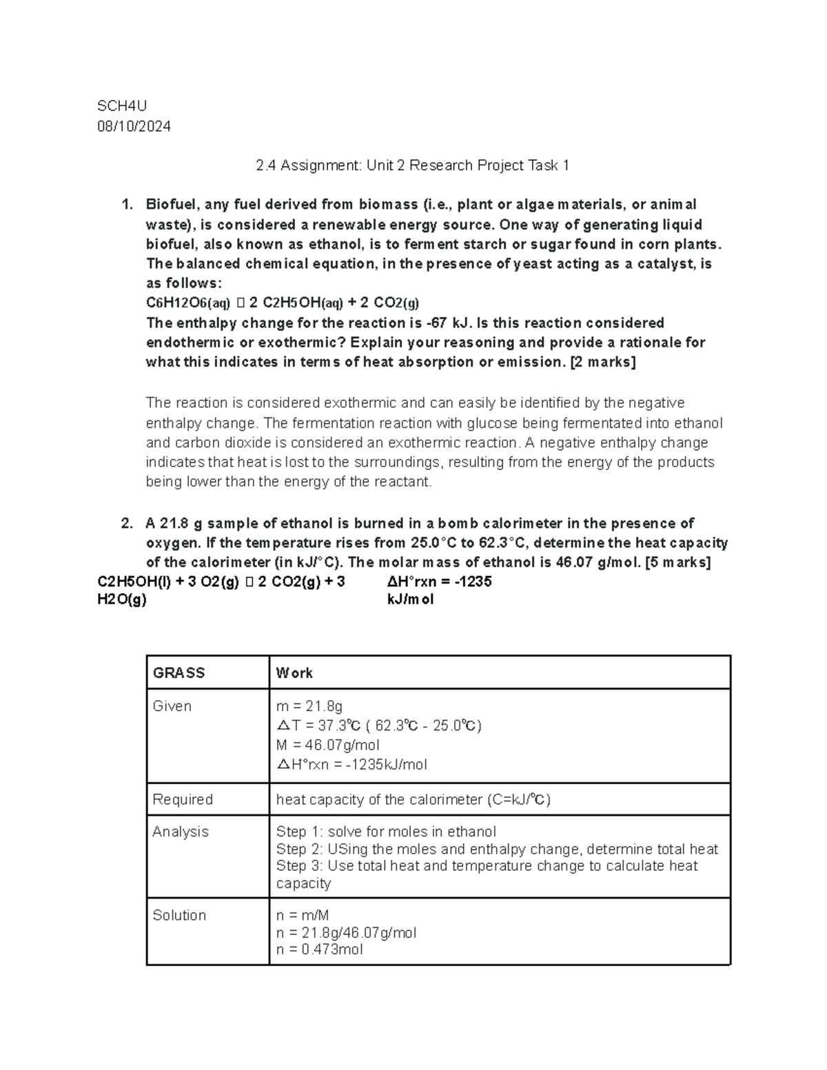 SCH4U Unit 2 Research Project: Biofuel and Calorimetry Analysis - Studocu