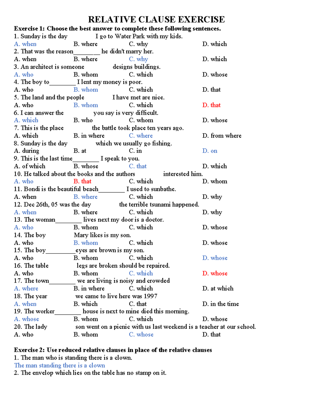 Relative Clause Exercise - RELATIVE CLAUSE EXERCISE Exercise 1: Choose ...
