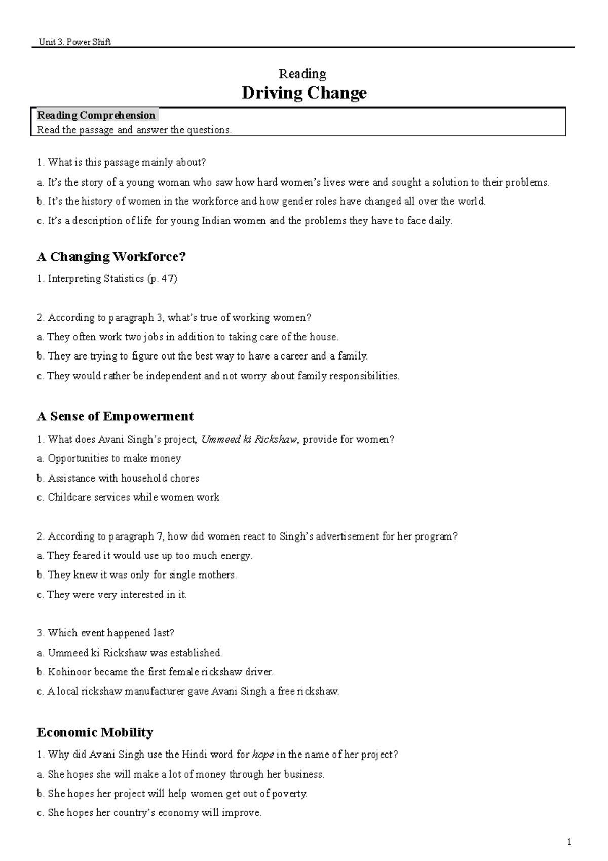 3.1 Driving Change: Women's Empowerment Reading Activity - Studocu
