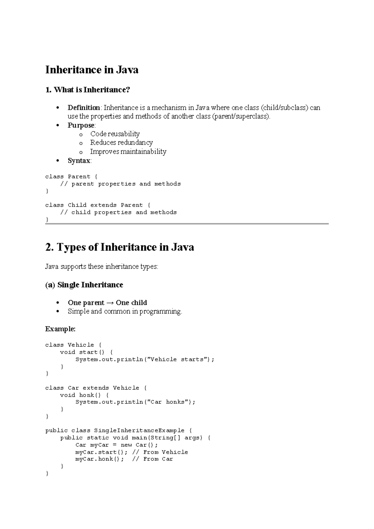 Inheritance in Java: Types, Syntax, and Examples (Unit2-EEE) - Studocu