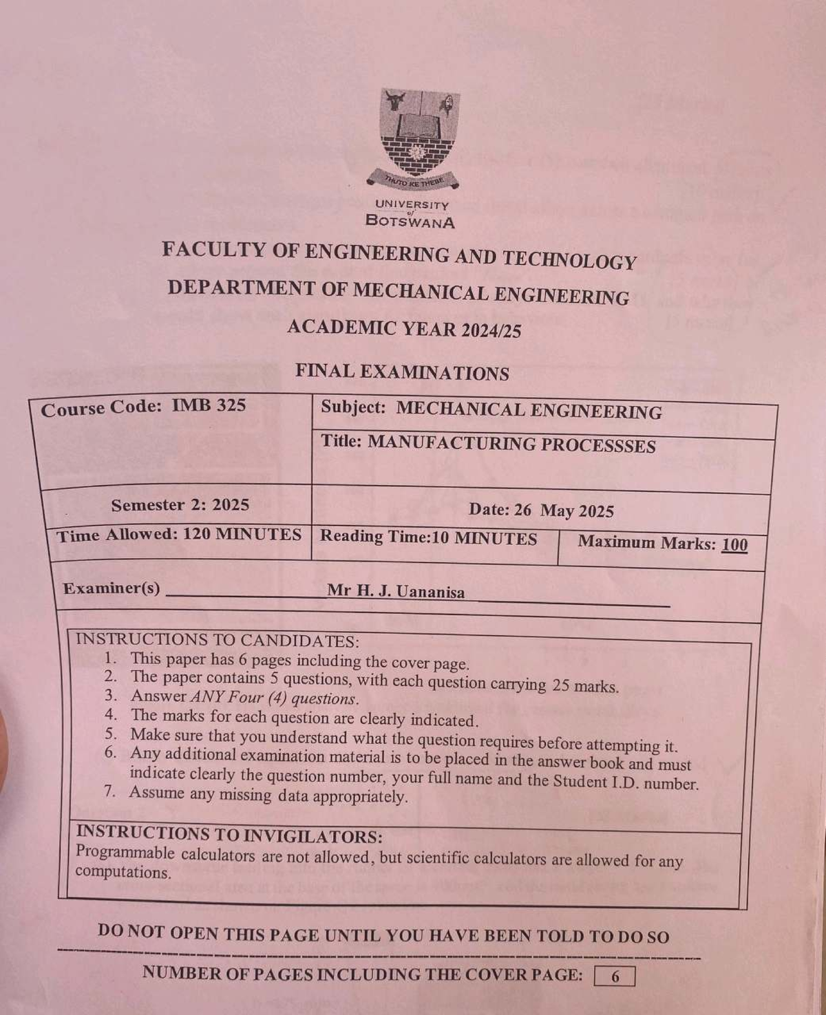 Final Exam: Mechanical Engineering IMB 325 - Manufacturing Semester 2 ...