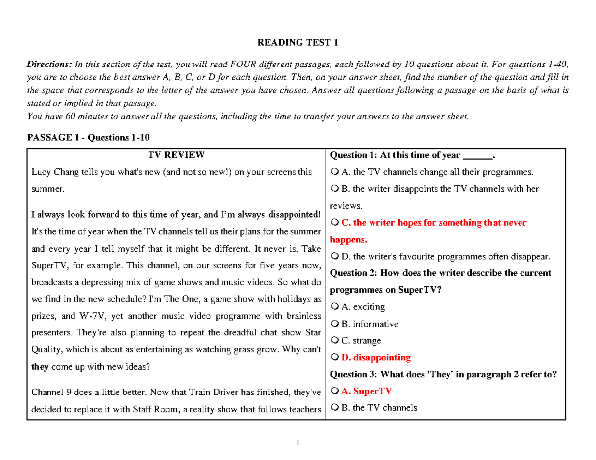 Reading Test 1 - Keys: TV Review and Analysis - Studocu