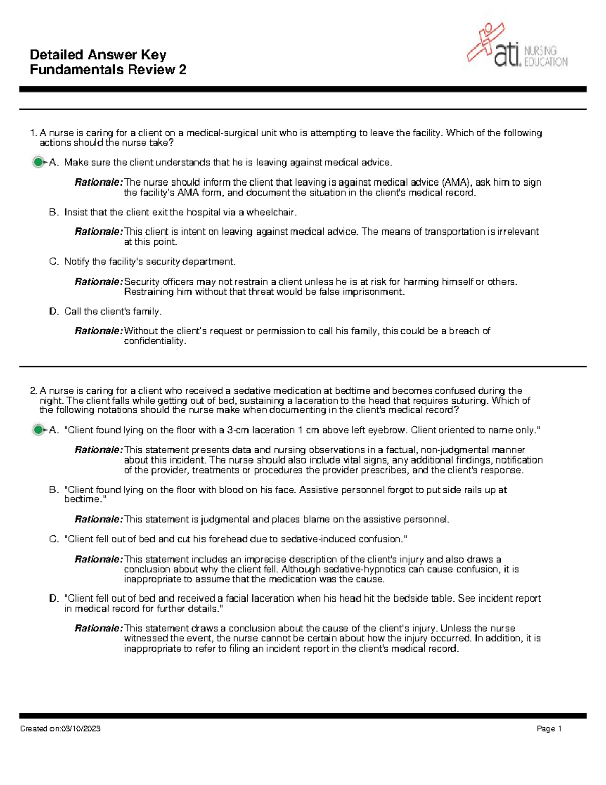 Fundamentals Review 2: Answers and Rationales for Nursing Scenarios ...