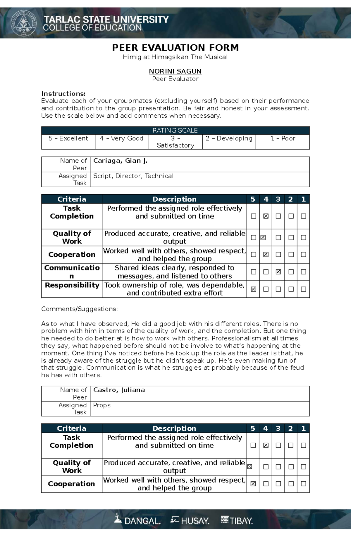 Peer Evaluation Form - Himig at Himagsikan Musical (PEER 101) - Studocu