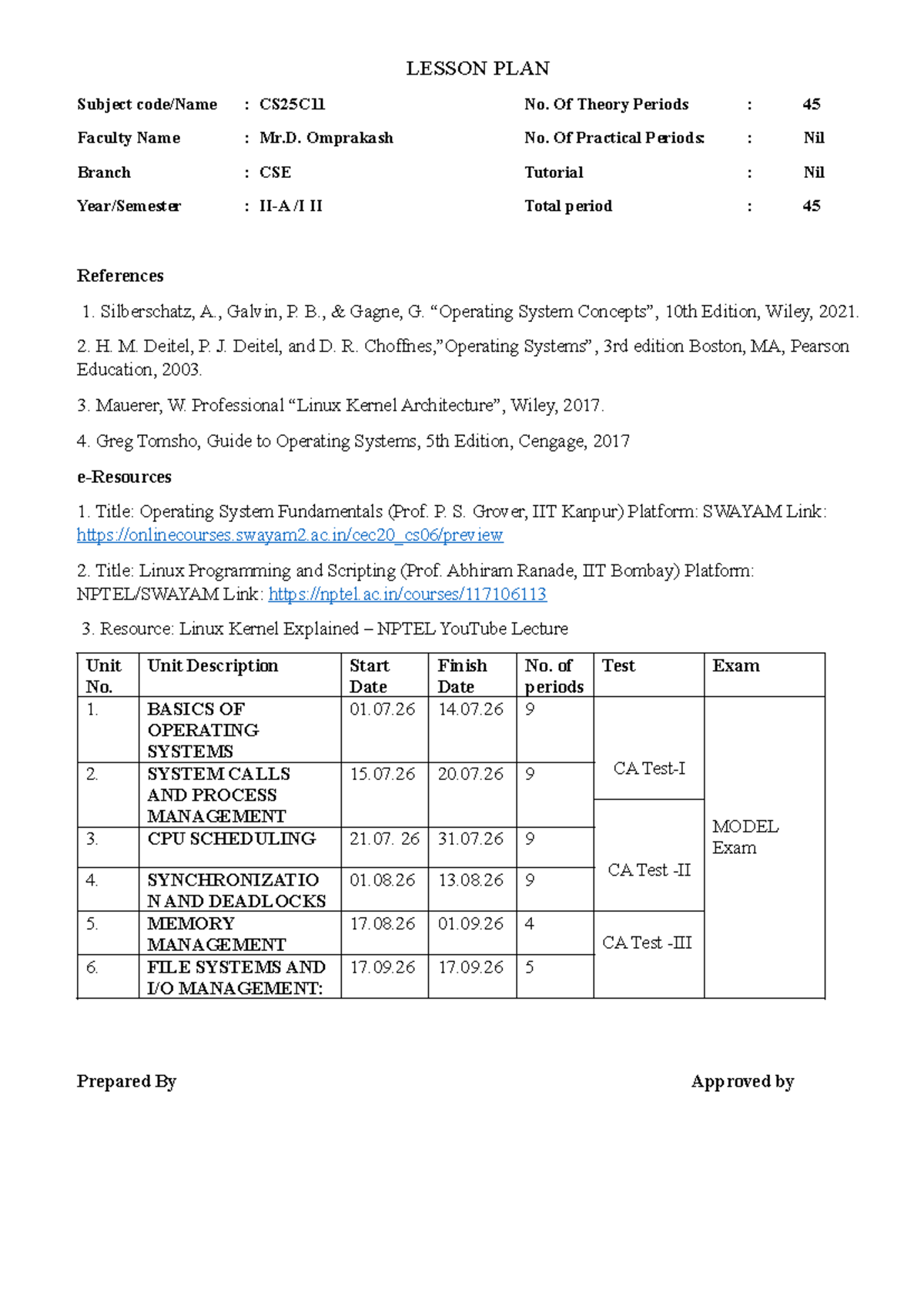 Lesson Plan for OS - CS25C11: Theory & Practical Overview - Studocu