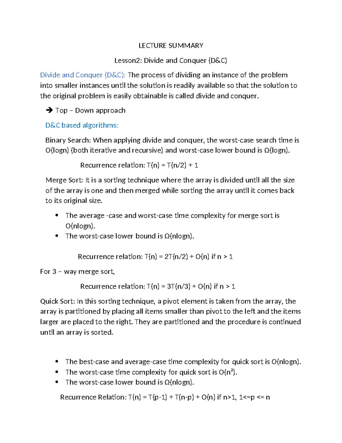 LECTURE SUMMARY L2: Divide and Conquer Techniques - Studocu