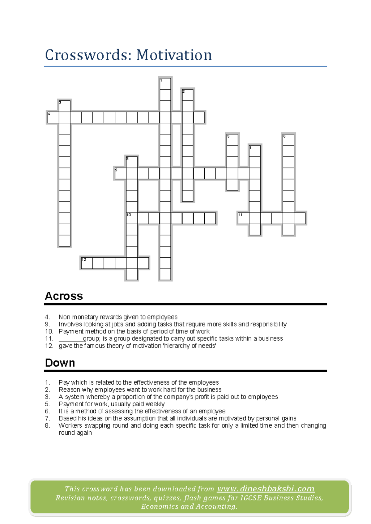 Crossword Puzzle: Motivation Concepts for IGCSE Business Studies - Studocu
