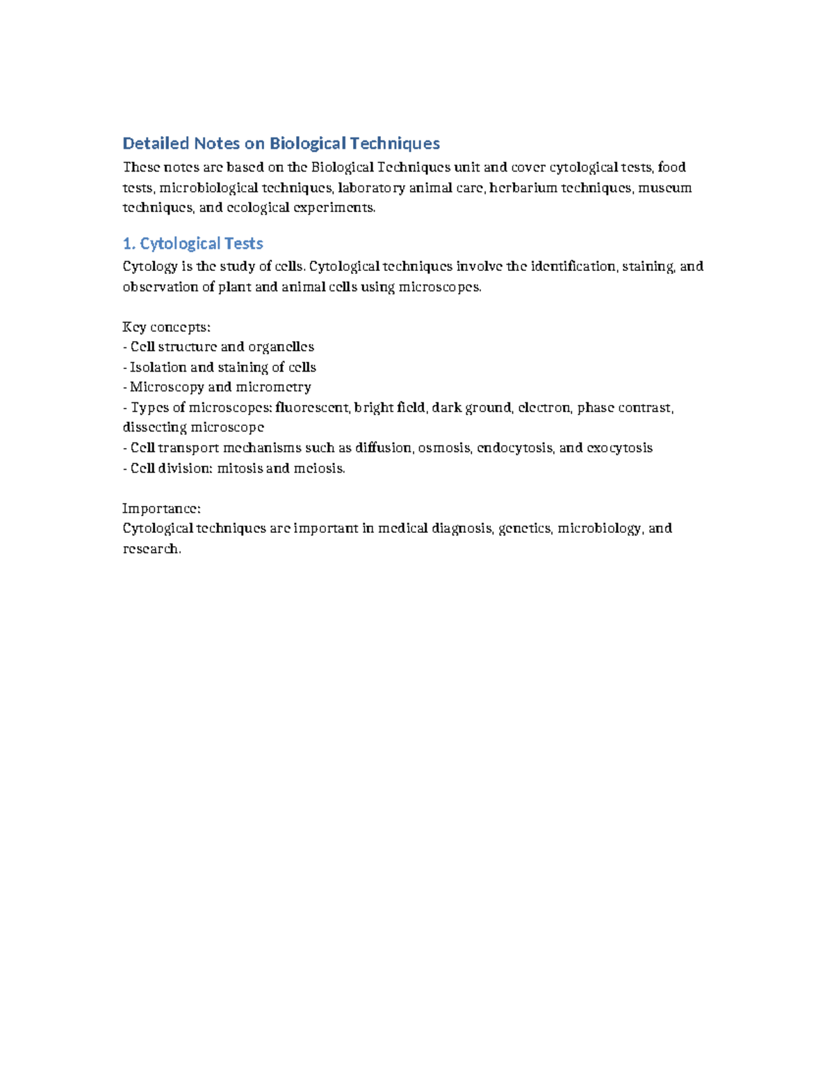 Biological Techniques Unit Notes (BIO101) - Studocu