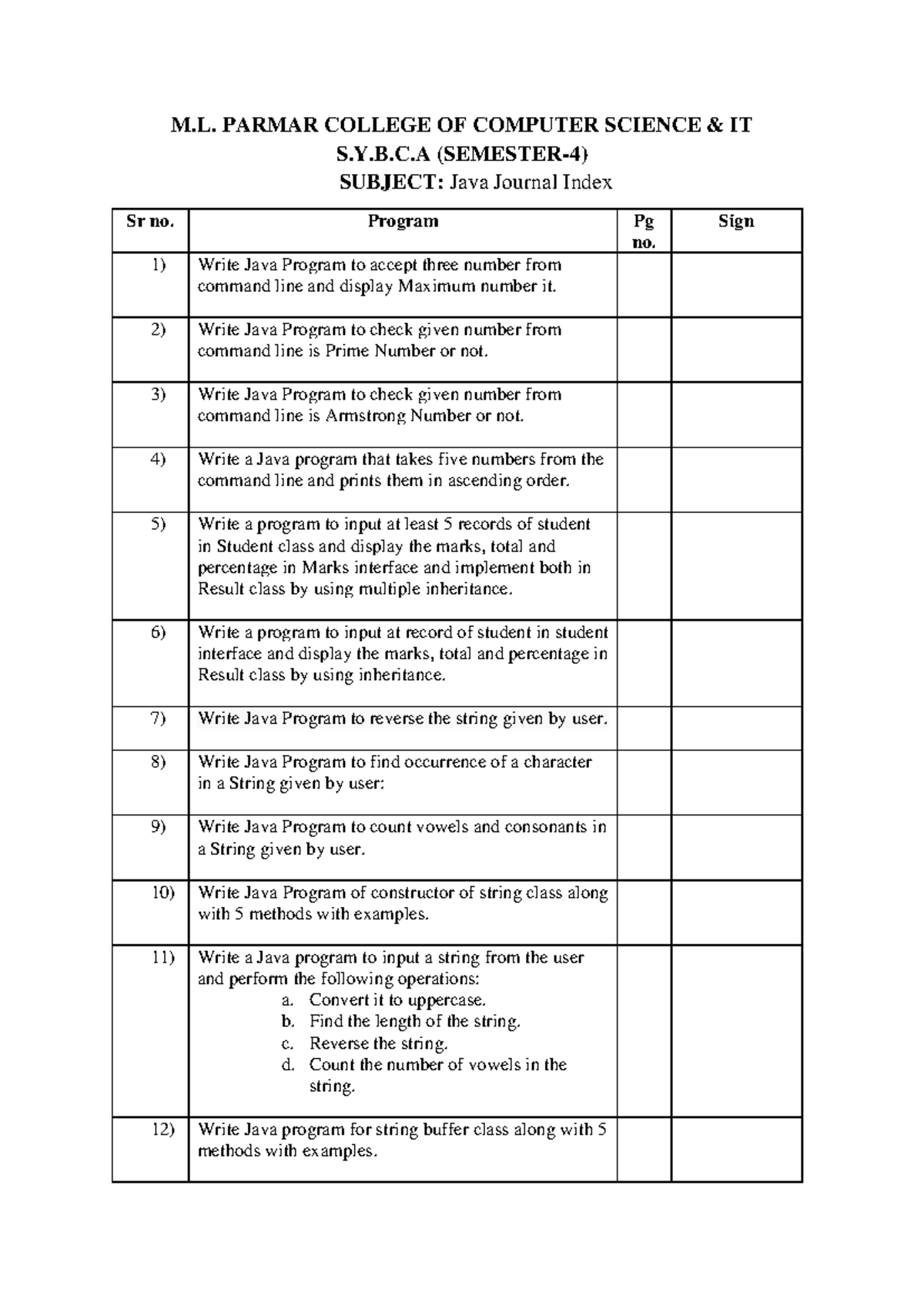 Java Journal - S.Y.B.C.A. Programming Exercises and Projects - Studocu