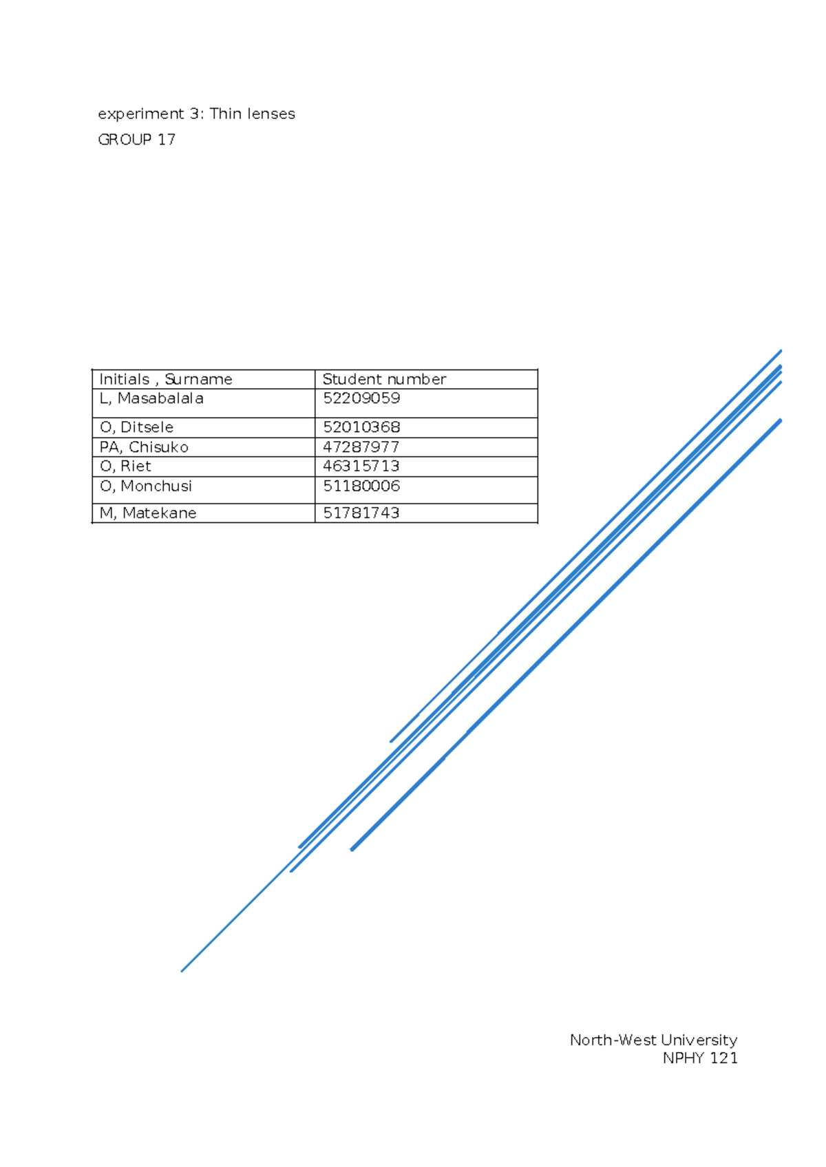 Exp 3 NPHY 121 - experiment - North-West University NPHY 121 experiment ...