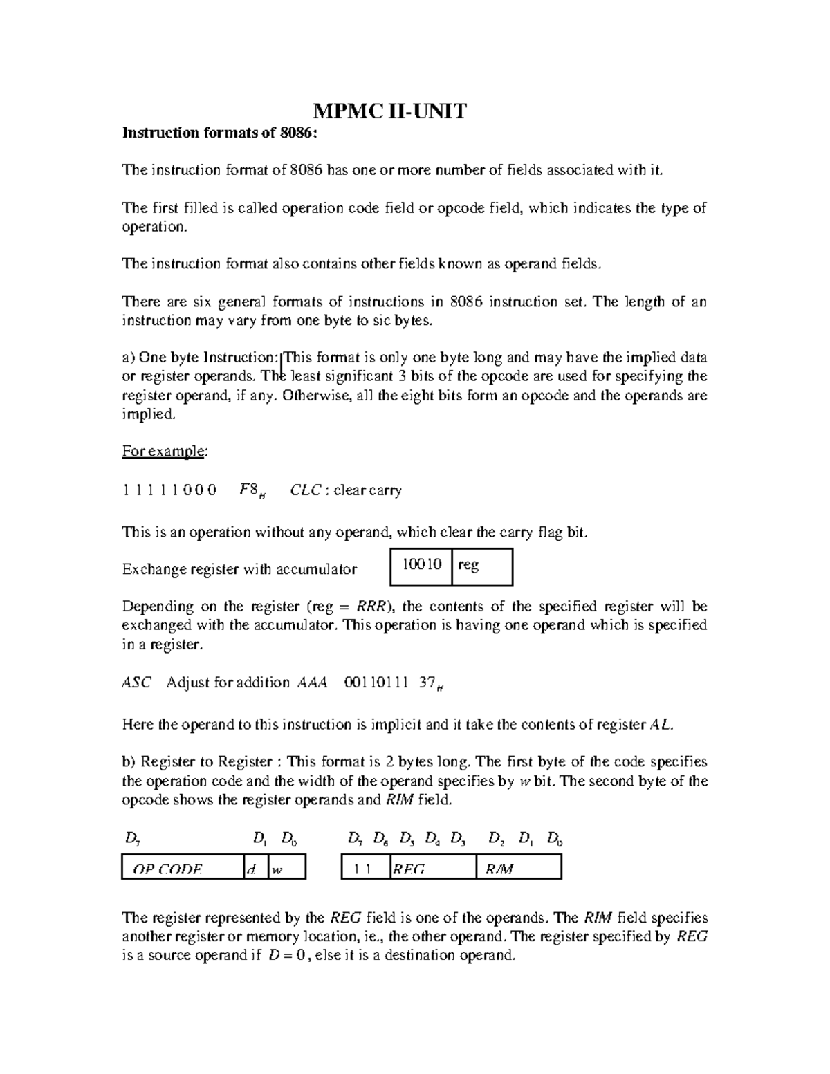 MPMC 2 - Unit 2: Instruction Formats of 8086 Architecture - Studocu