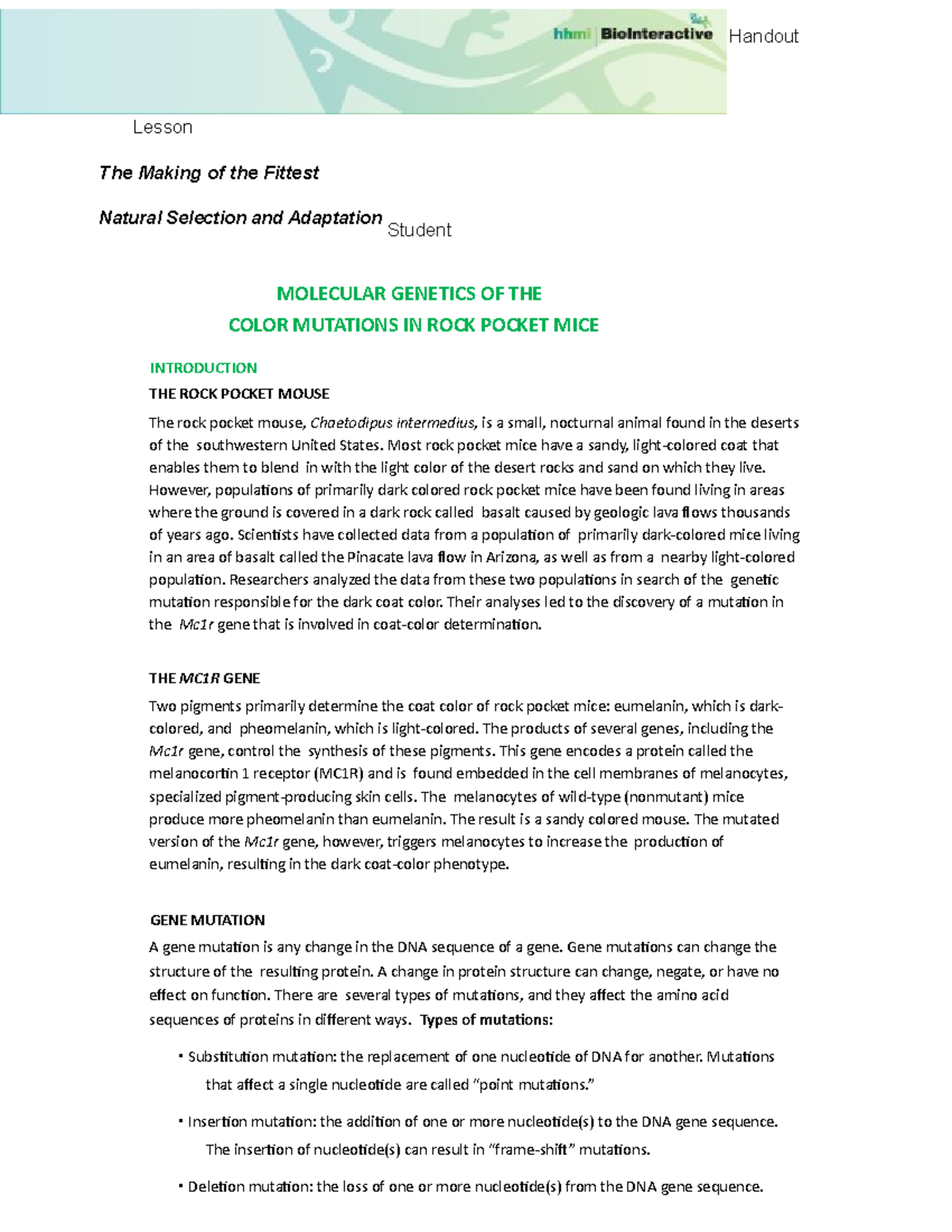 Rock Pocket Mouse Mutations SH - Lesson The Making of the Fittest: The ...