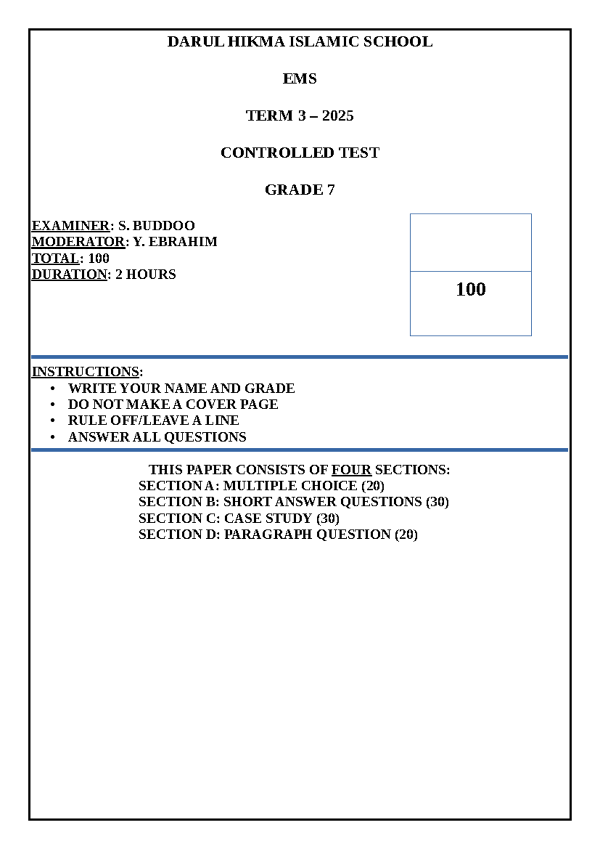 Grade 7 EMS Term 3 Controlled Test 2025 - Examiner: S. Buddoo - Studocu