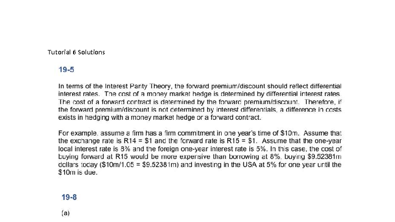 Tutorial 6 Solutions: Interest Parity Theory & Forward Contracts - Studocu