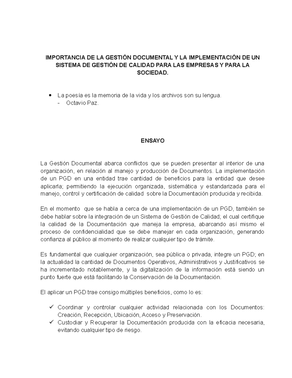 Ensayo PGD - gdsgsd - IMPORTANCIA DE LA GESTIÓN DOCUMENTAL Y LA ...