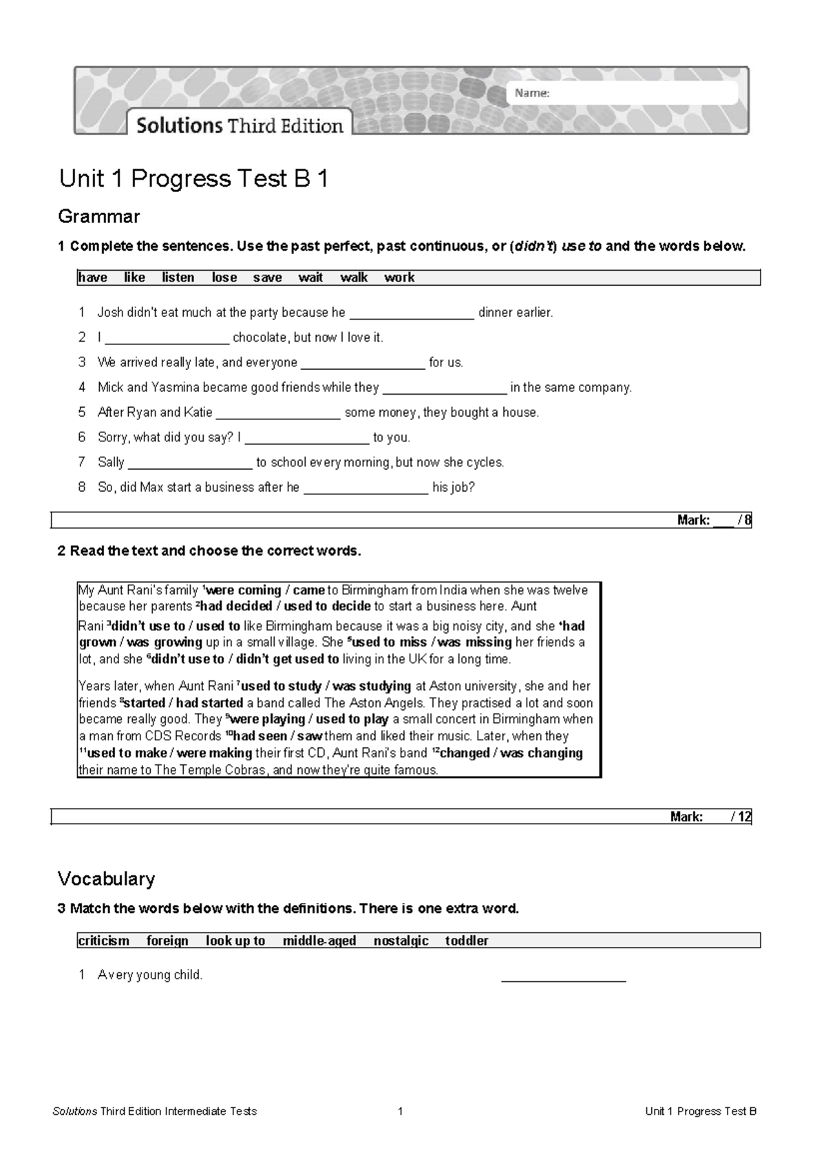 B1 - Third Edition Unit 1 Progress Test B Solutions - Studocu