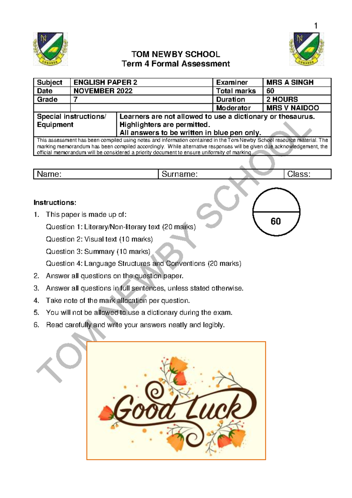 Grade 7 English Paper 2 Formal Assessment - November 2022 - Studocu