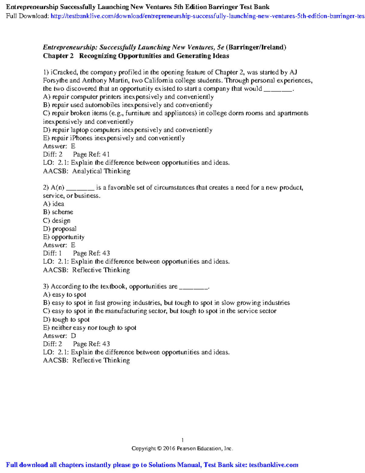Entrepreneurship chapter 2 questions 5e - 1 Copyright © 2016 Pearson ...