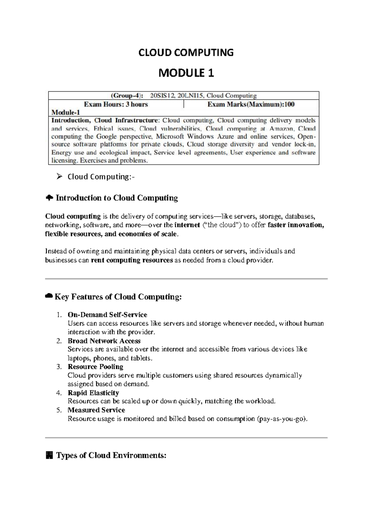 CLOUD COMPUTING MODULE 1: Introduction to Cloud Computing Concepts - Studocu