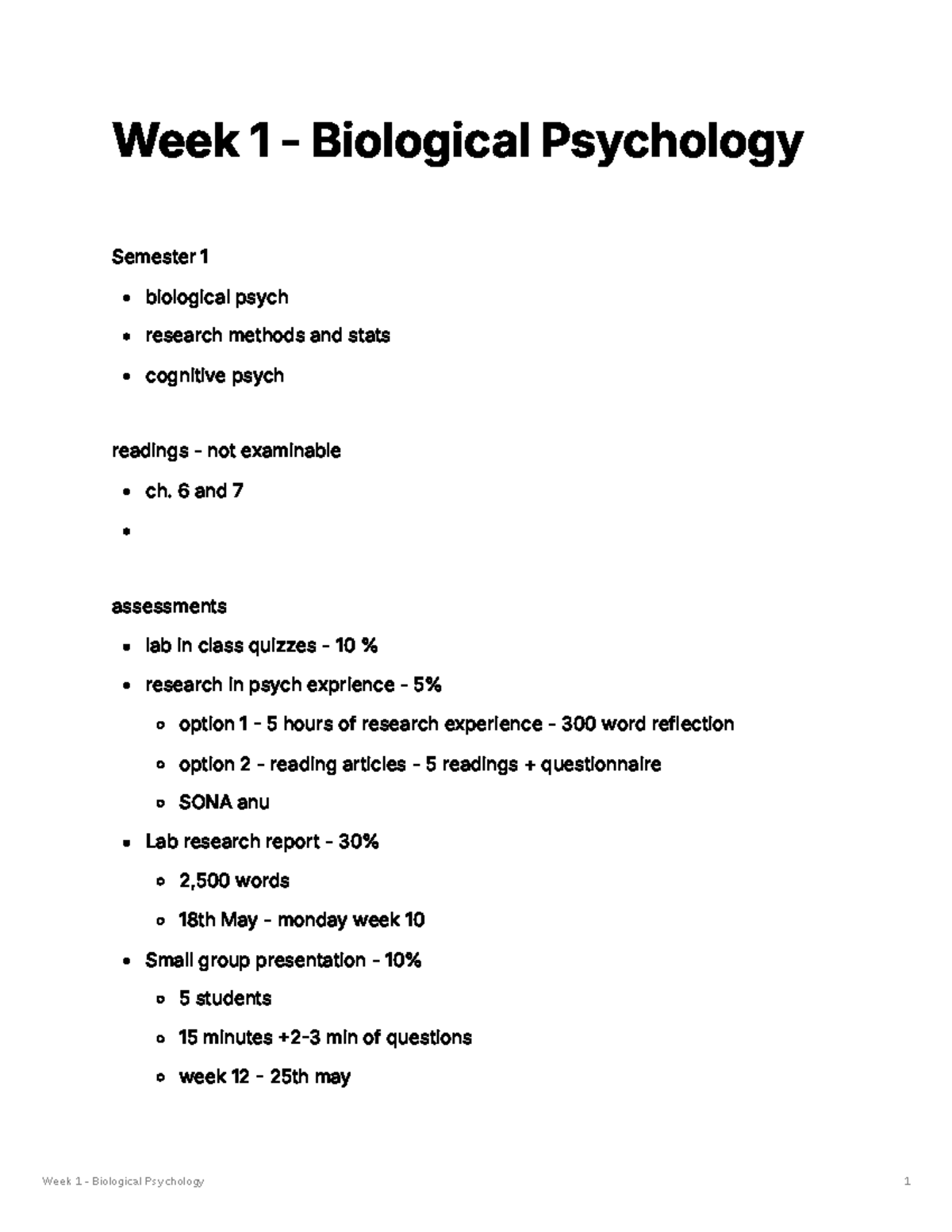 Week 1 Biological Psychology (PSY101) Lecture Notes and Key Concepts ...