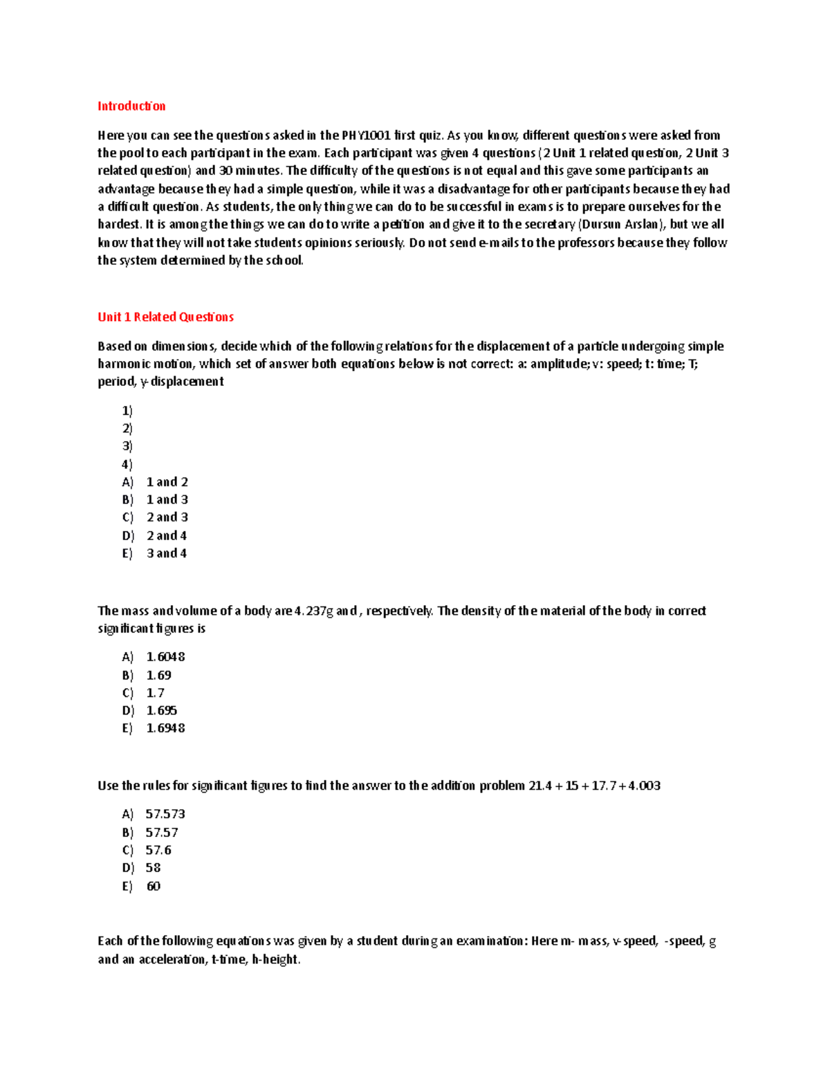 PHY 1001 Quiz 1 - Questions and Guidelines for Success - Studocu
