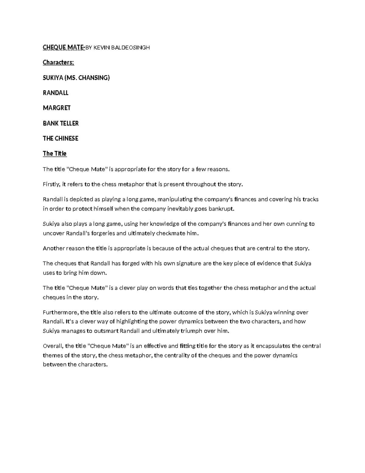 NUR 400 - Cheque Mate: Analyzing Themes of Fraud and Power Dynamics ...