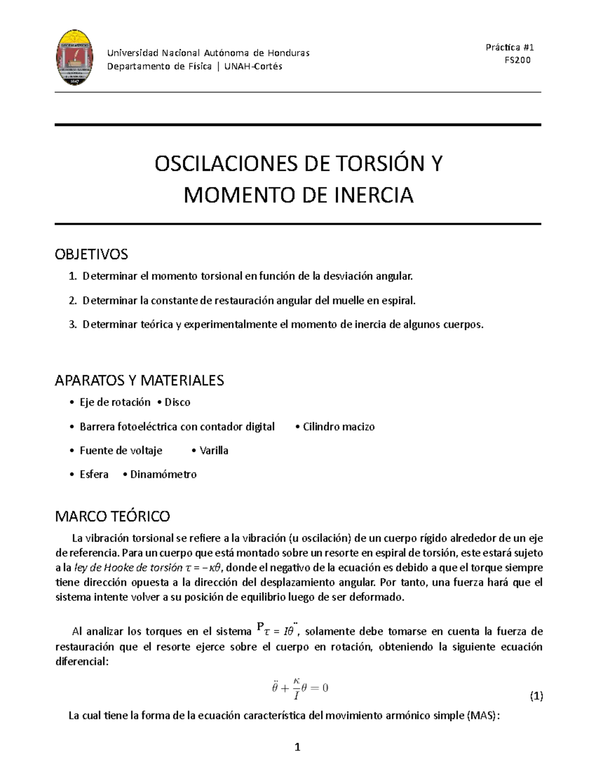 Práctica FS200: Oscilaciones de Torsión y Momento de Inercia - Studocu