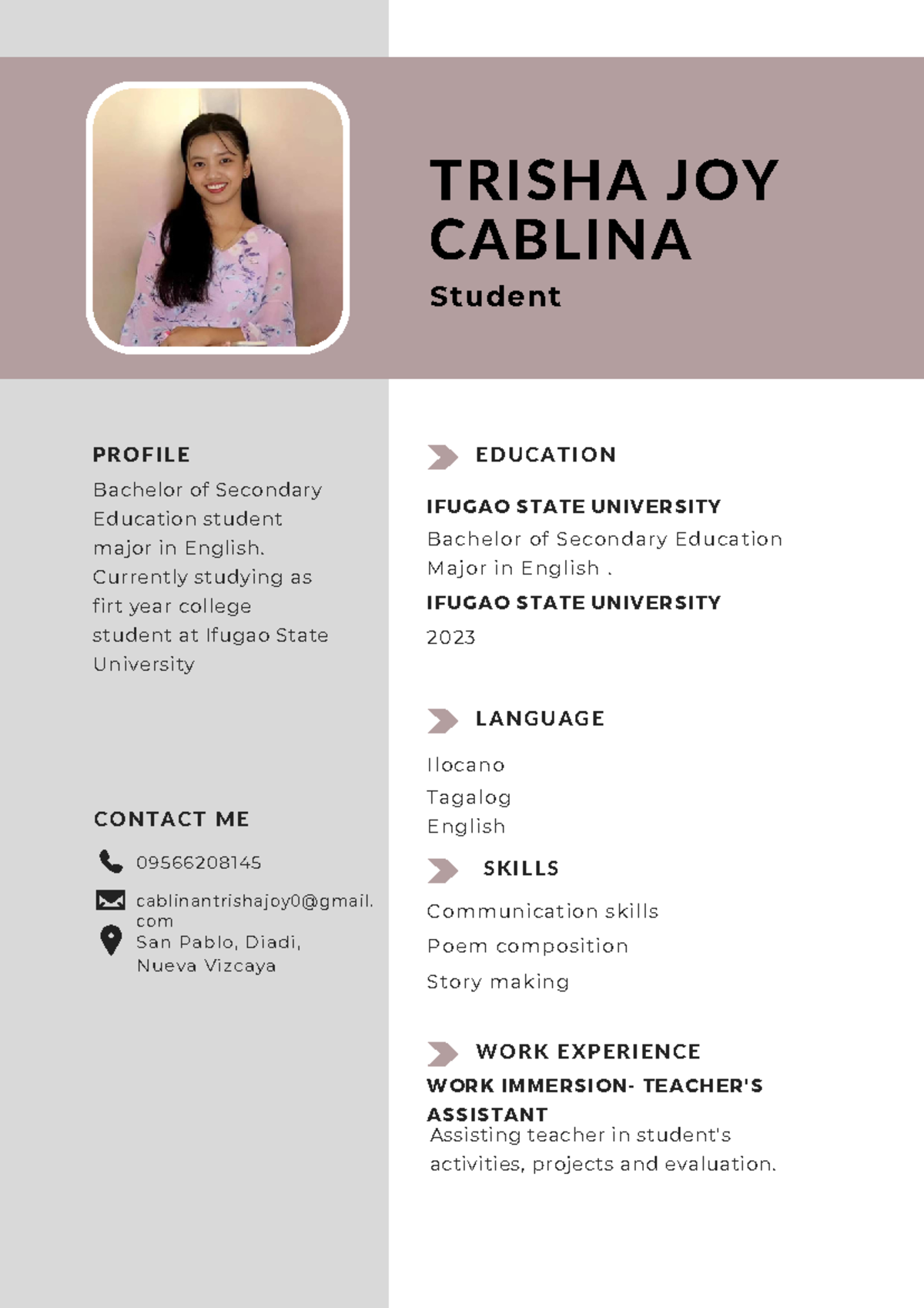 Biodata example - P R O F I L E Bachelor of Secondary Education student ...