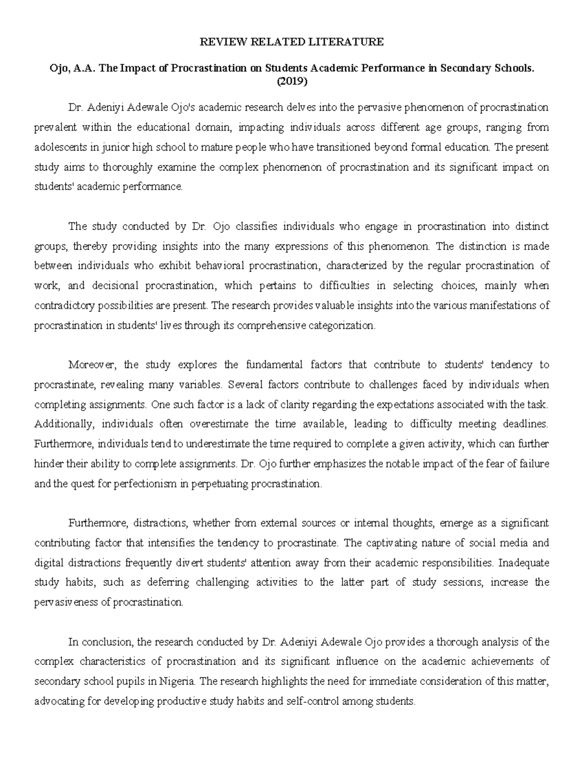 RRL - Procrastination's Effects on Academic Performance and Study ...