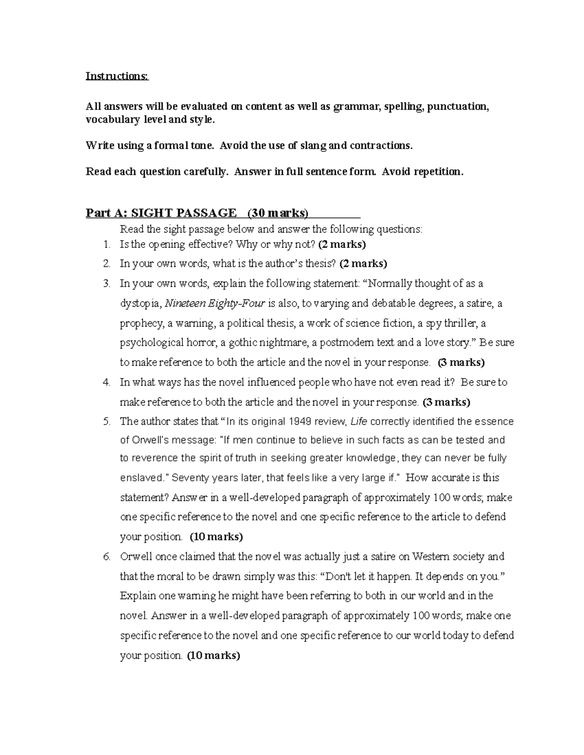 SIGHT PASSAGE TEST: Understanding Orwell's _Nineteen Eighty-Four ...