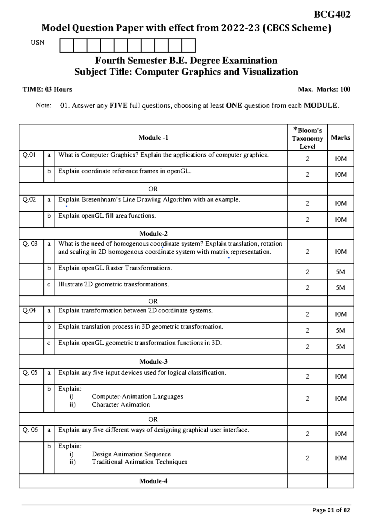 BCG402 - Model Question Paper for Computer Graphics & Visualization ...