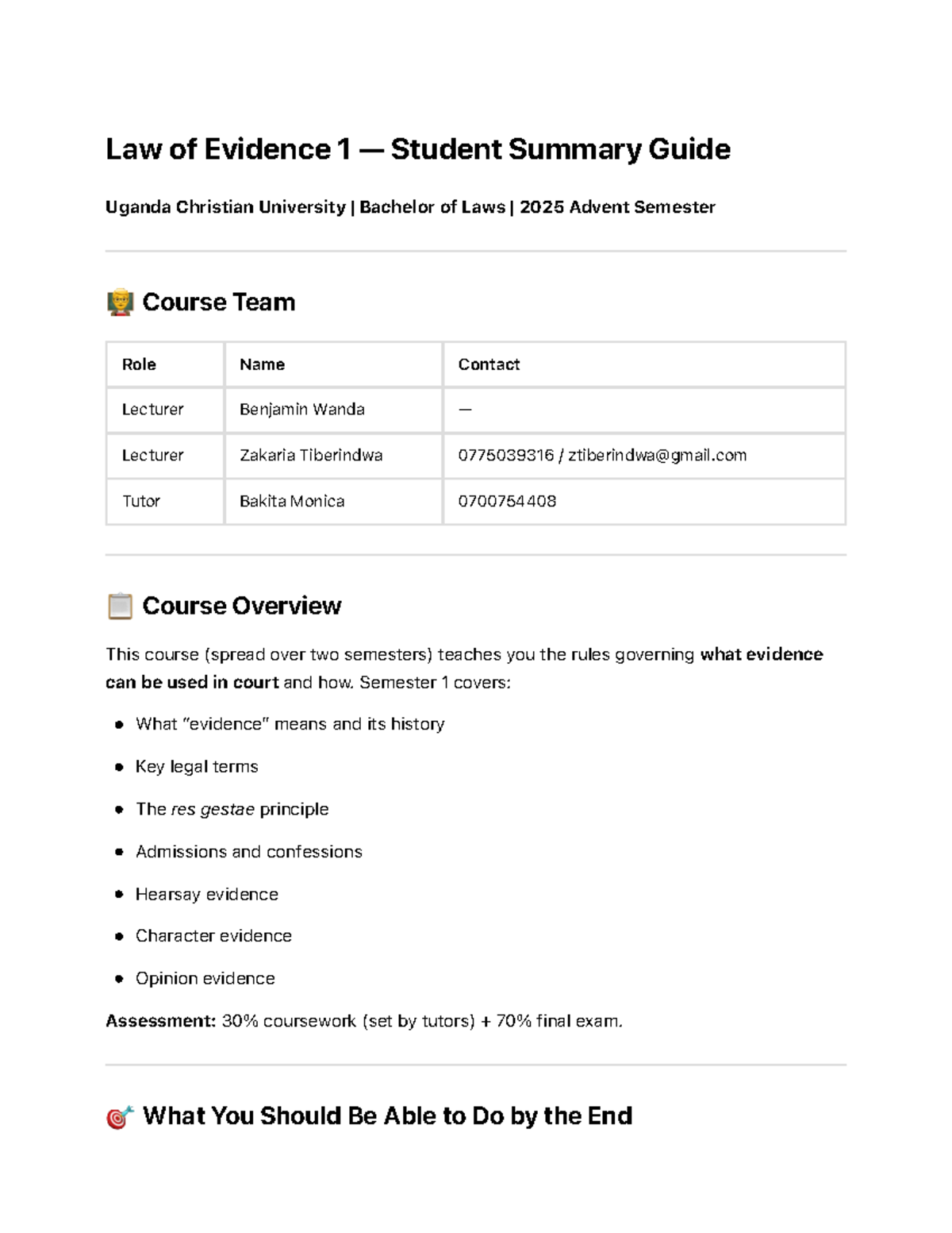 Law of Evidence 1 Summary Guide - Uganda Christian University 2025 ...
