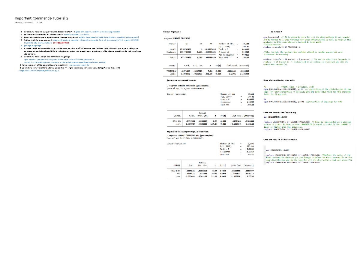 Key Commands for Regression Analysis - Tutorial 2 - Studeersnel