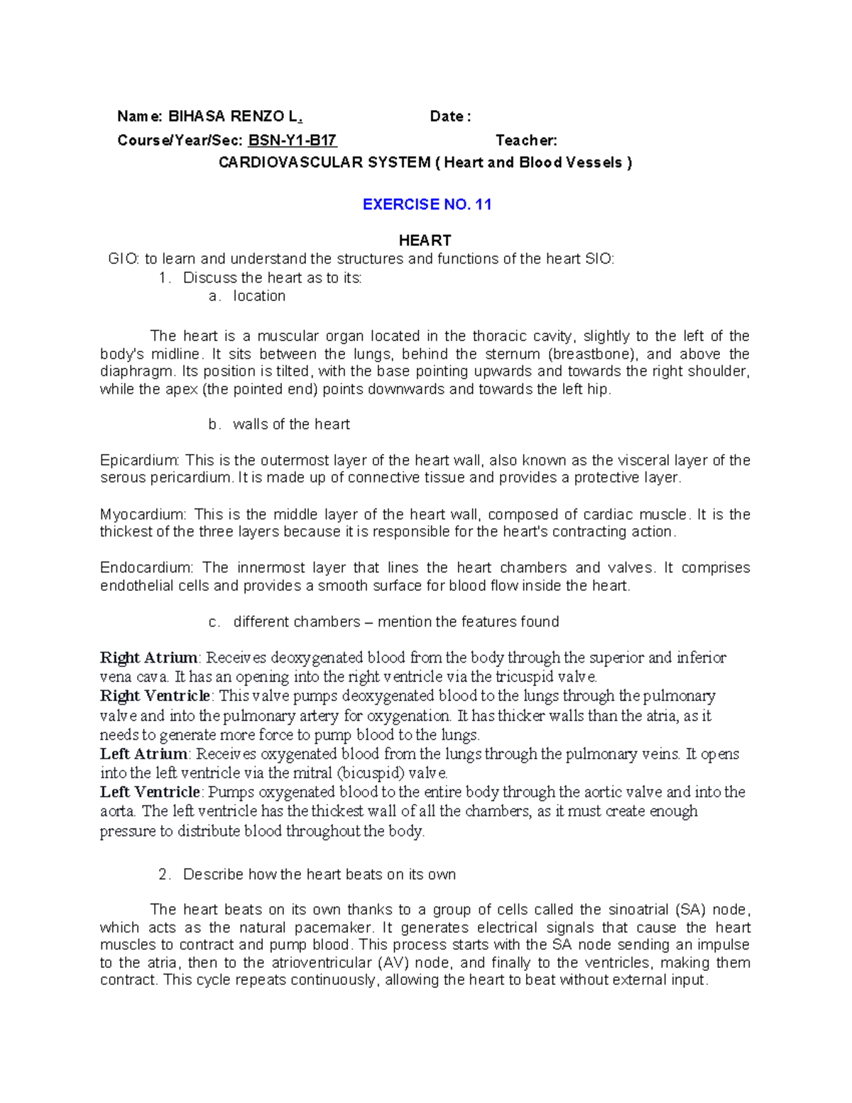 LAB Exercise CVS Heart Blood Vessels.docx final - Name: BIHASA RENZO L ...