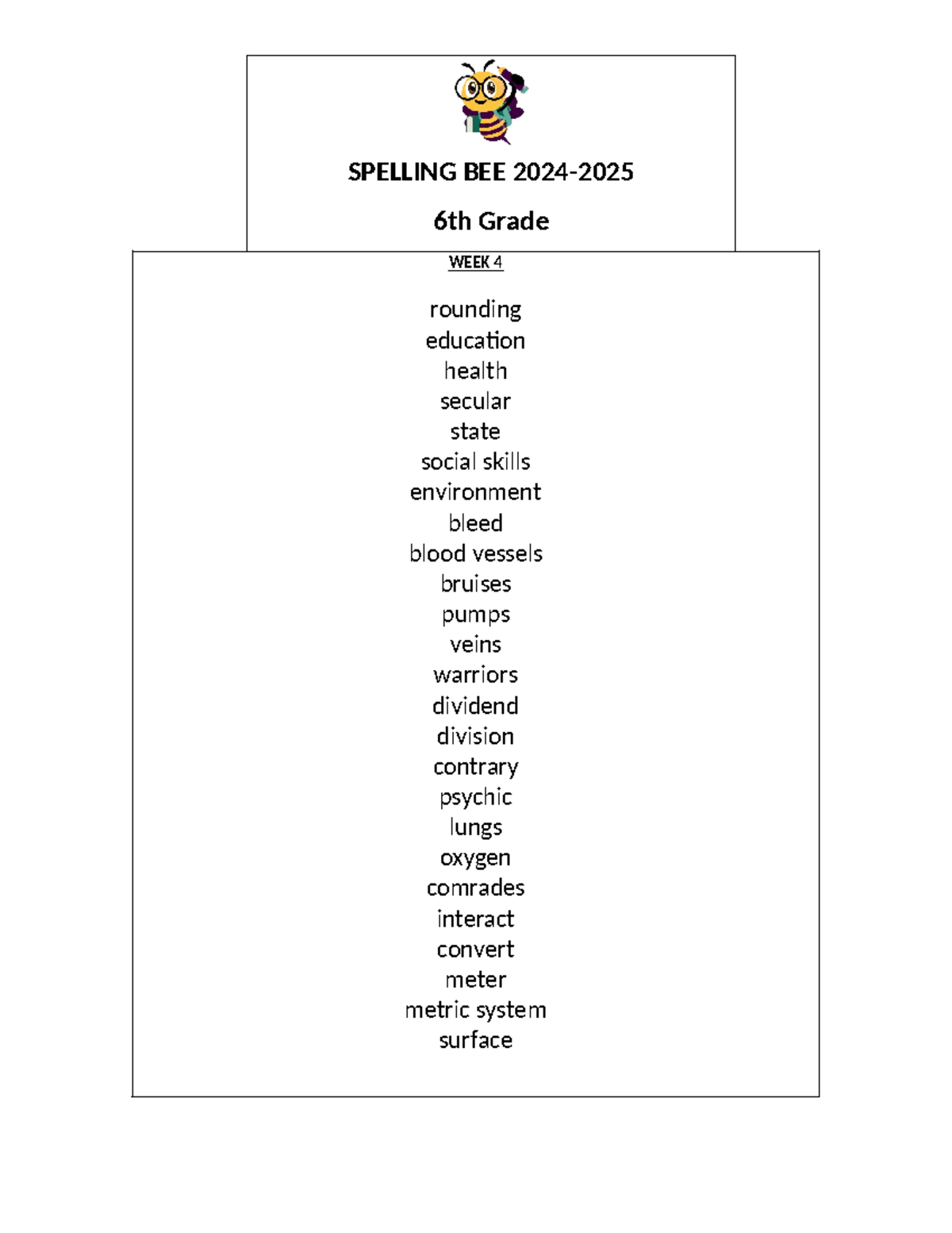6th grade spelling bee list week 4 - Inglés III - SPELLING BEE 2024 ...