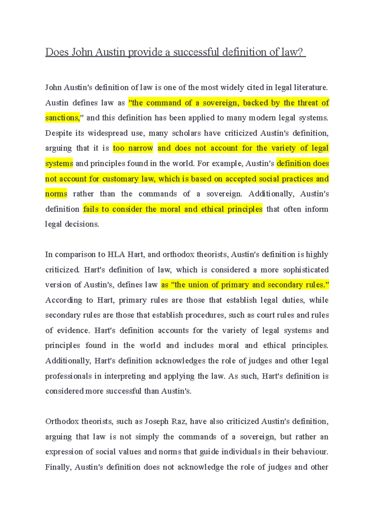Analysis of John Austin's Command Theory of Law - Studocu