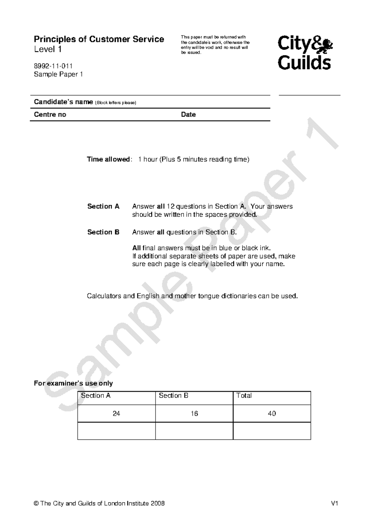 Customer Service Principles Level 1 Sample Assessment 8992-11 - Studocu