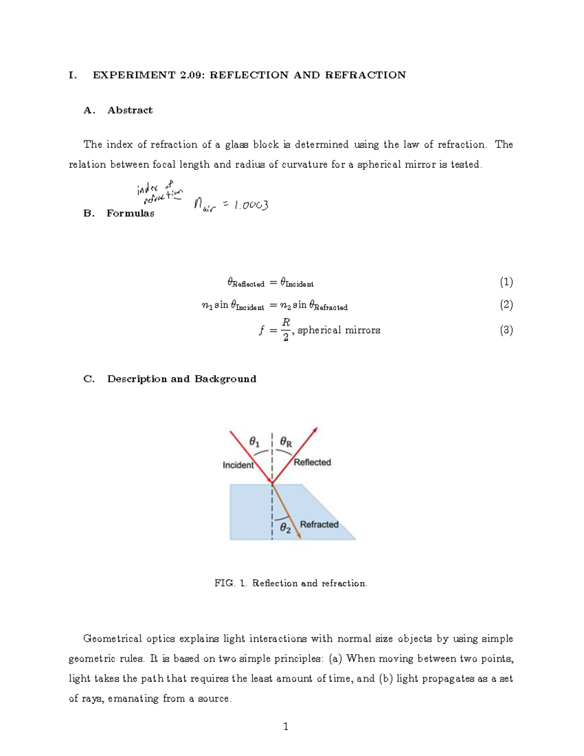Exp2-09 - experiment data and calculations for 9 - I. EXPERIMENT 2: REFLECTION AND REFRACTION A ...
