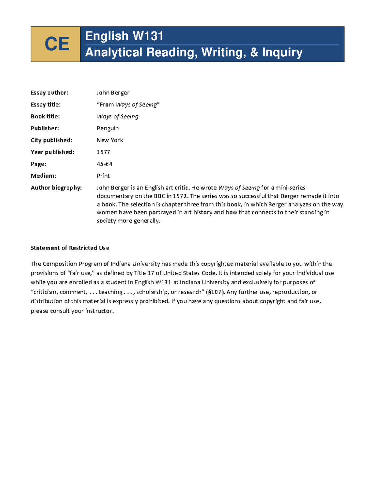 Analysis of Gender Representation in John Berger's "Ways of Seeing" (ENGL W131) - Studocu